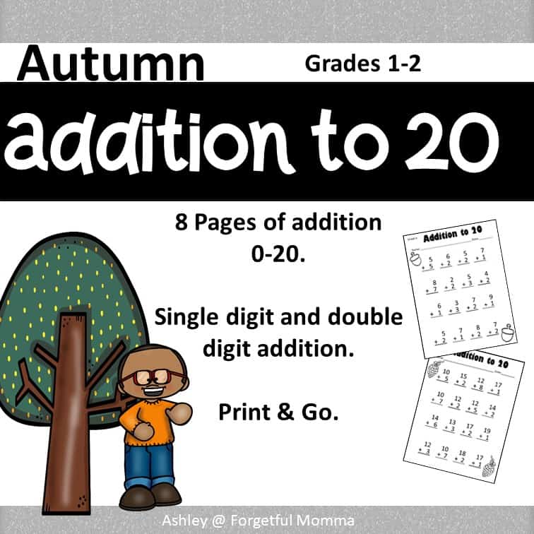 Autumn Addition to 20 - Addition Worksheet - Forgetful Momma Shop